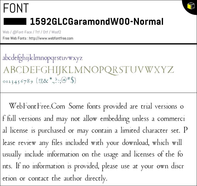 1592 GLC Garamond W00 Normal Fonts Downloads - WebFontFree.Com