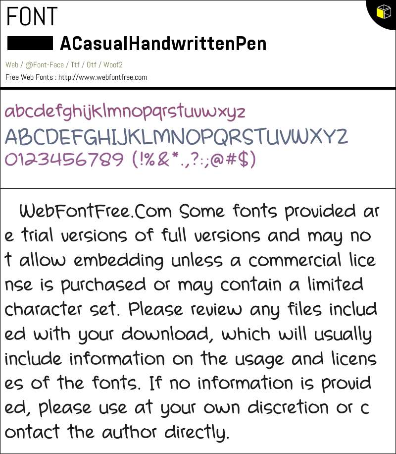 A.Casual.Handwritten.Pen Fonts Downloads - WebFontFree.Com