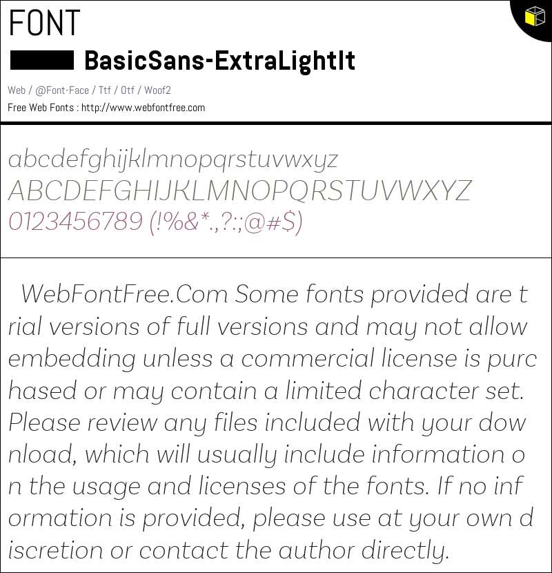 BasicSans-ExtraLightIt Fonts Downloads - WebFontFree.Com