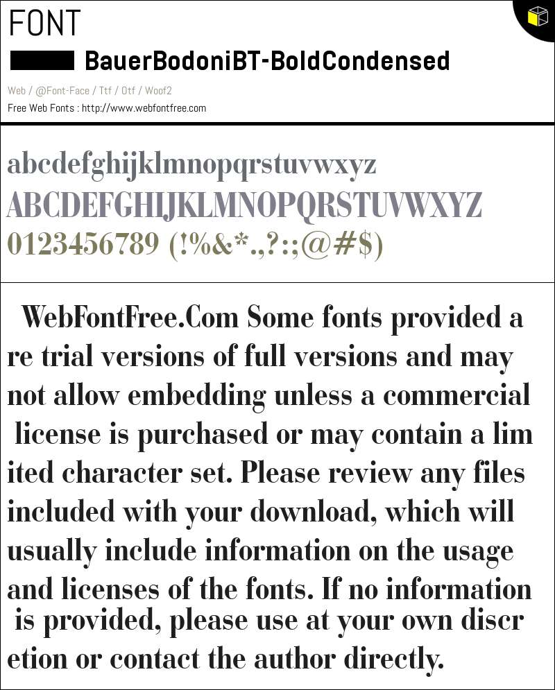 Bauer Bodoni Bold Condensed BT Fonts Downloads - WebFontFree.Com