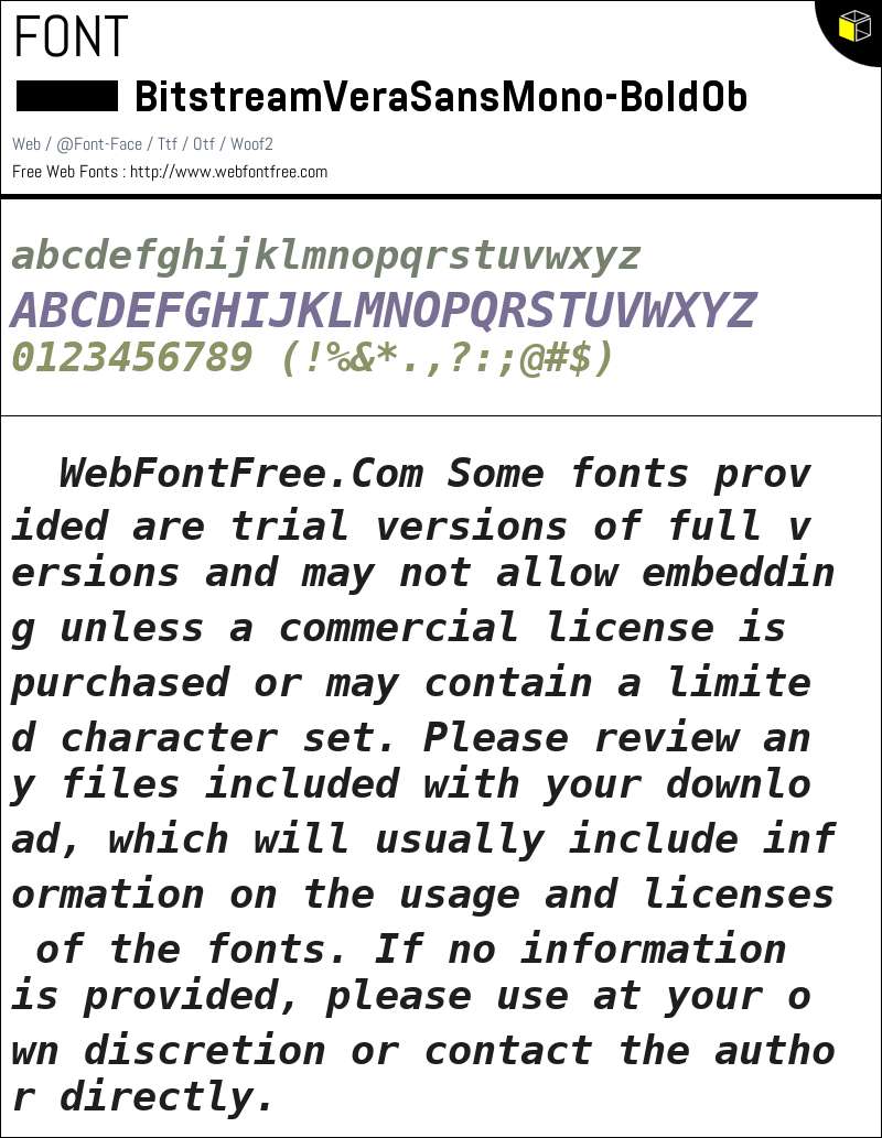 Bitstream Vera Sans Mono Bold Oblique Fonts Downloads - WebFontFree.Com