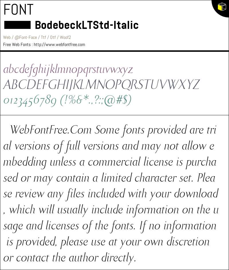 BodebeckLTStd-Italic Fonts Downloads - WebFontFree.Com