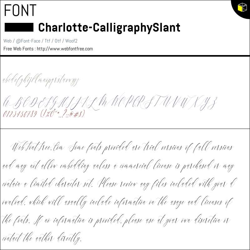 Charlotte Calligraphy Slant Fonts Downloads - WebFontFree.Com