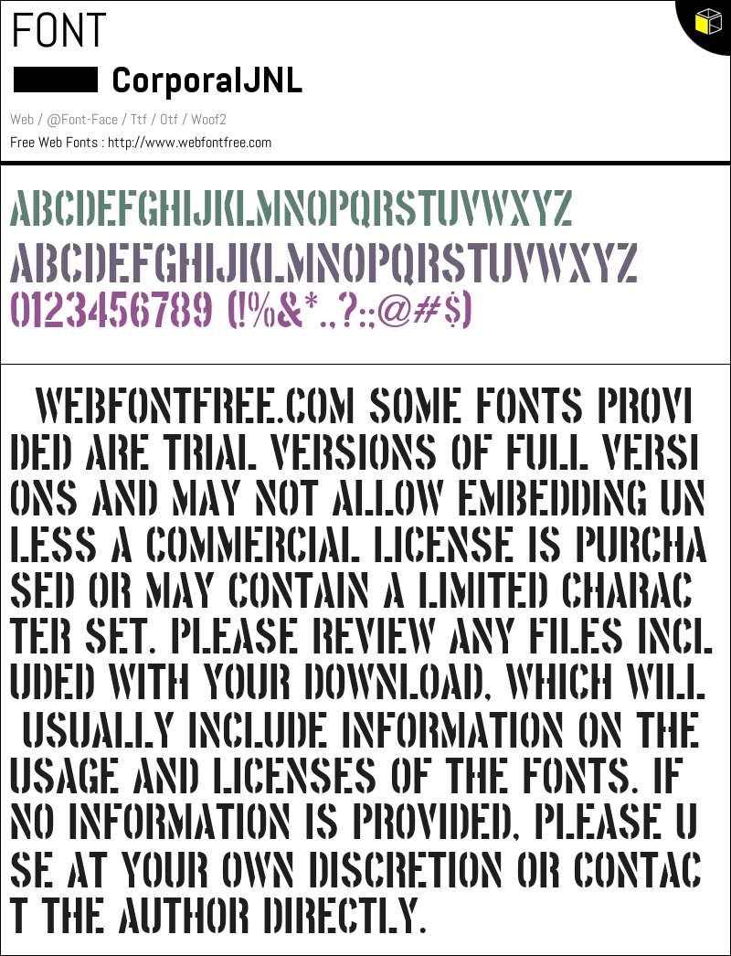 Corporal JNL Fonts Downloads - WebFontFree.Com