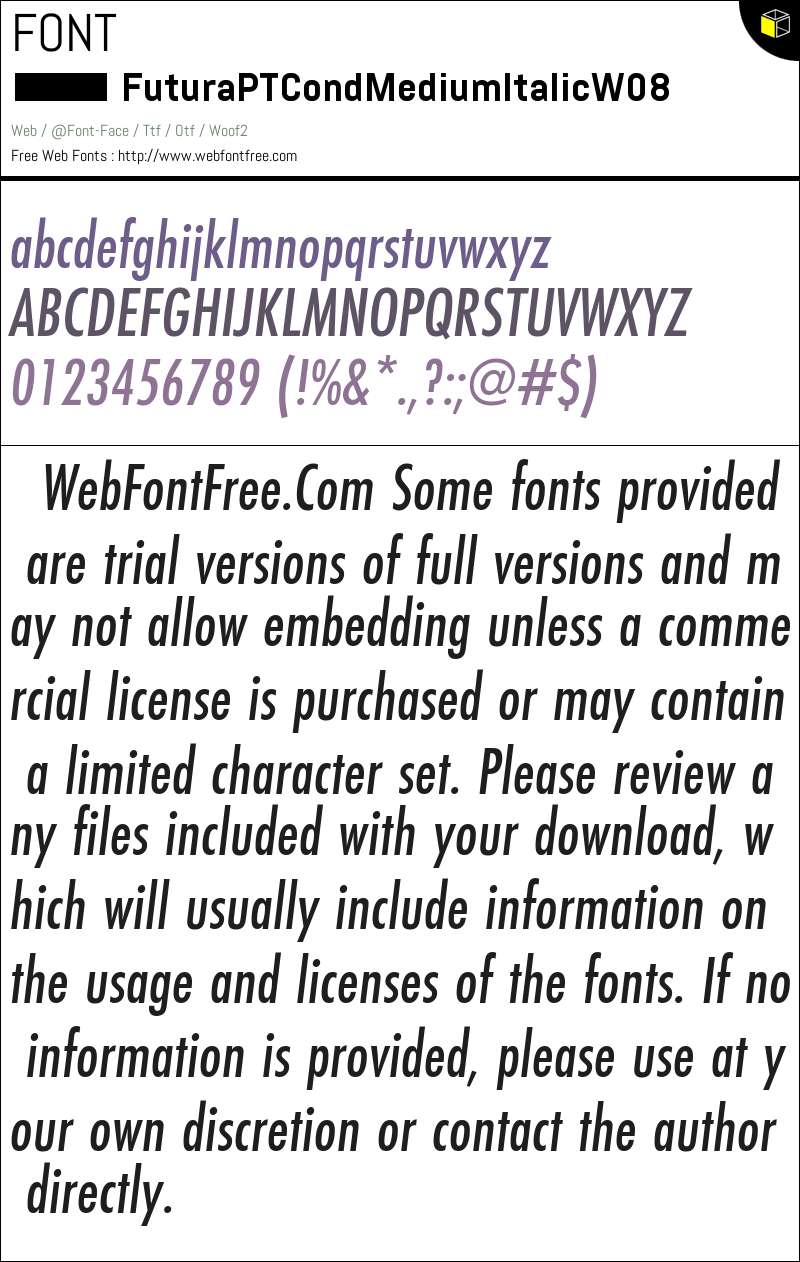 Futura PT Cond MediumItalicW08 Fonts Downloads - WebFontFree.Com
