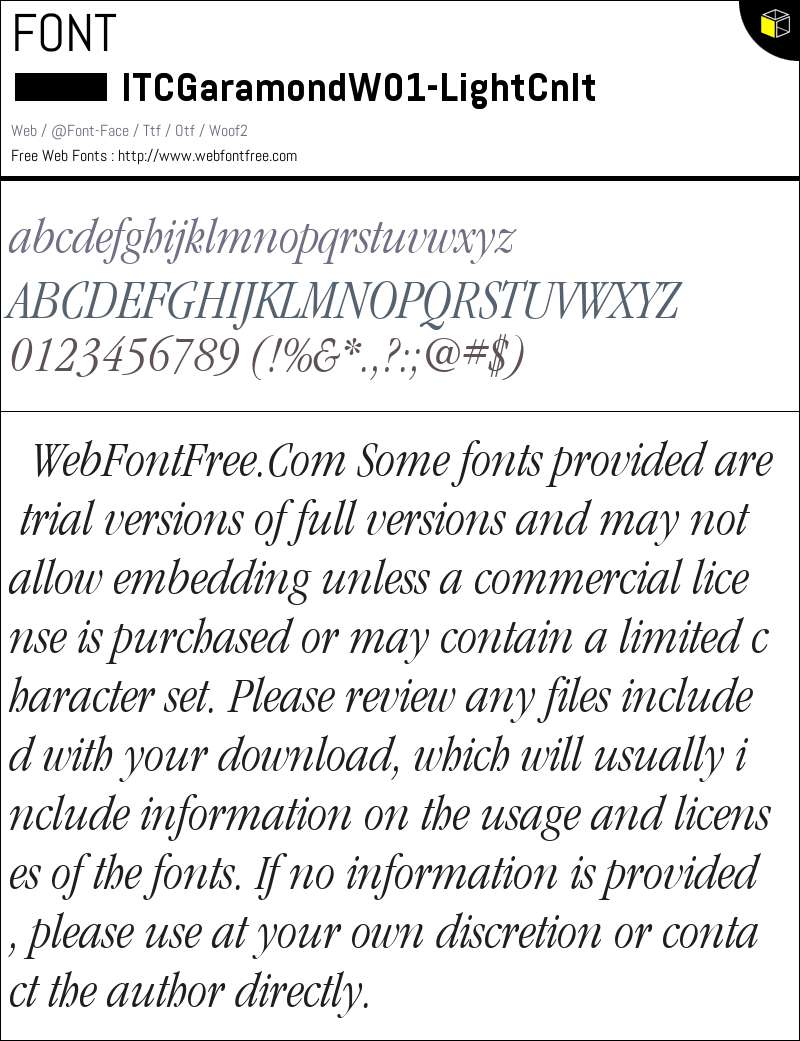 ITC Garamond W01 Light Cn It Fonts Downloads - WebFontFree.Com