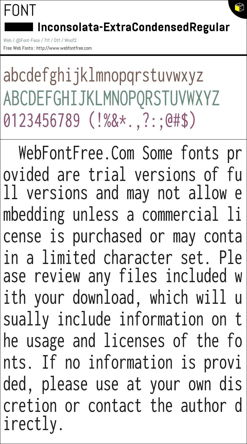 Inconsolata ExtraCondensed Regular Fonts Downloads - WebFontFree.Com
