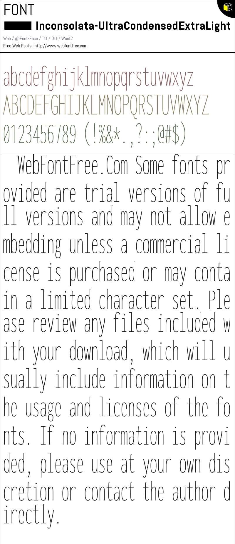 Inconsolata UltraCondensed ExtraLight Fonts Downloads - WebFontFree.Com