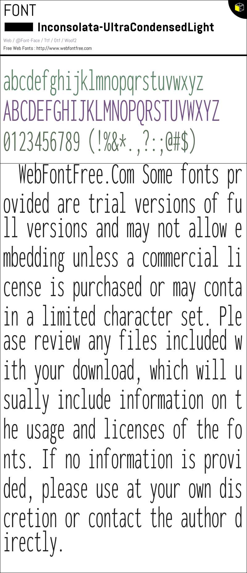 Inconsolata UltraCondensed Light Fonts Downloads - WebFontFree.Com