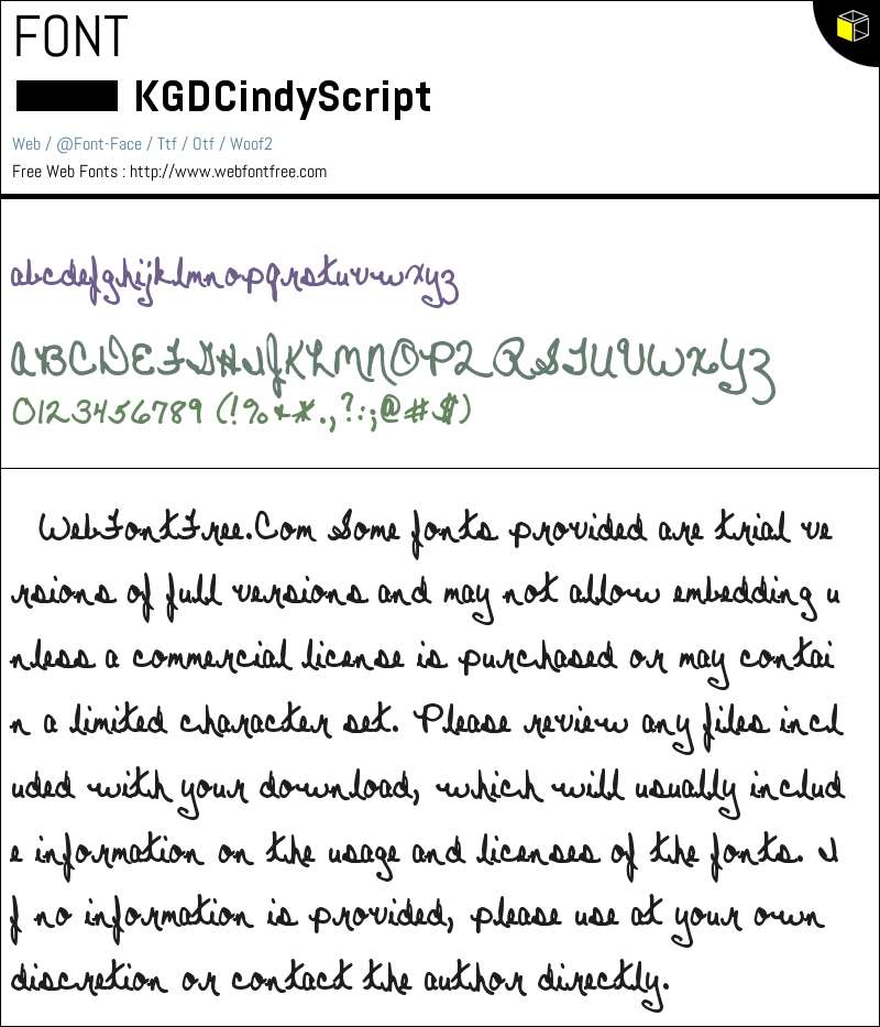 KGD Cindy Script Fonts Downloads - WebFontFree.Com