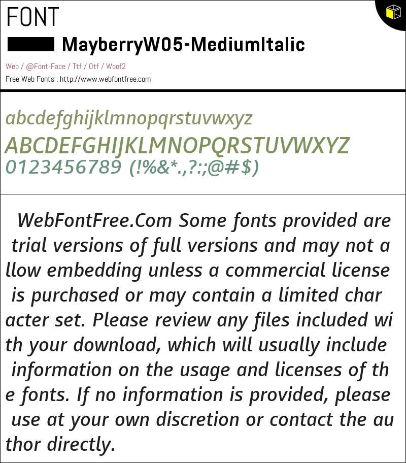 Mayberry W05 Medium Italic Fonts Downloads - WebFontFree.Com