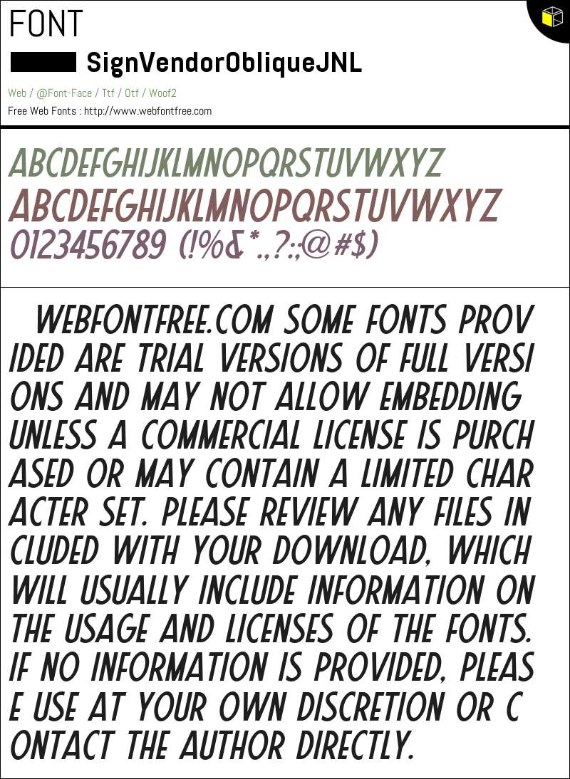 Sign Vendor Oblique JNL Fonts Downloads - WebFontFree.Com