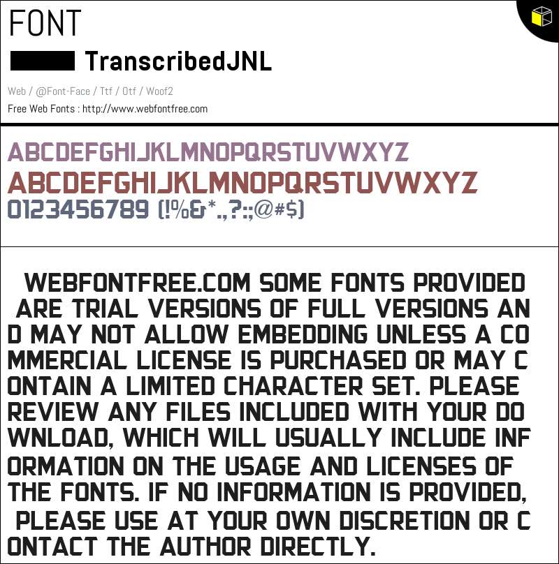 Transcribed JNL Fonts Downloads - WebFontFree.Com
