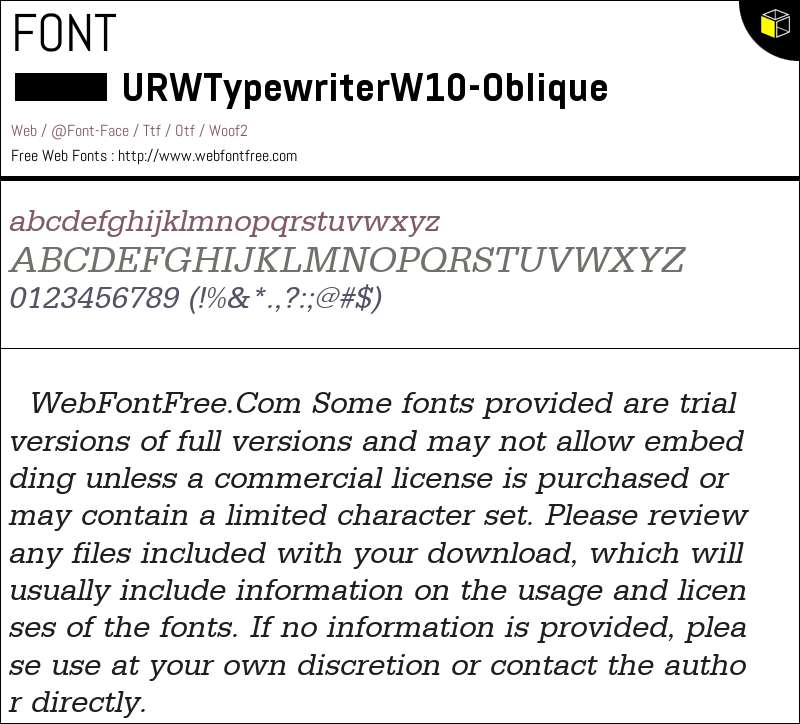 URW Typewriter W10 Oblique Fonts Downloads - WebFontFree.Com