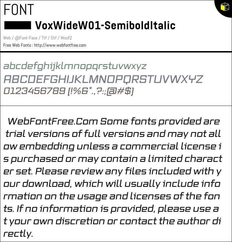 Vox Wide W01 Semibold Italic Fonts Downloads - WebFontFree.Com