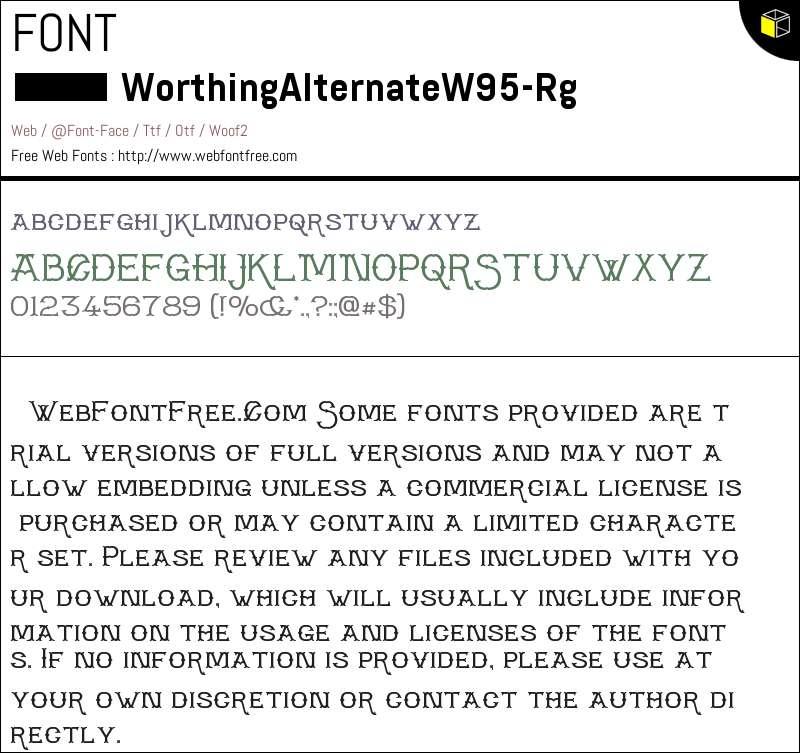 Worthing Alternate W95 Regular Fonts Downloads - WebFontFree.Com